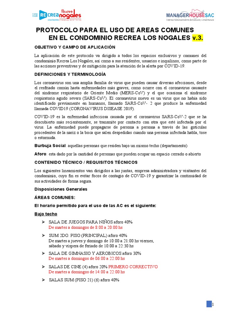 Protocolo Areas Comunes Manager House Sac Enero 2022 Version 3 | PDF | Lavado de manos | Piscina