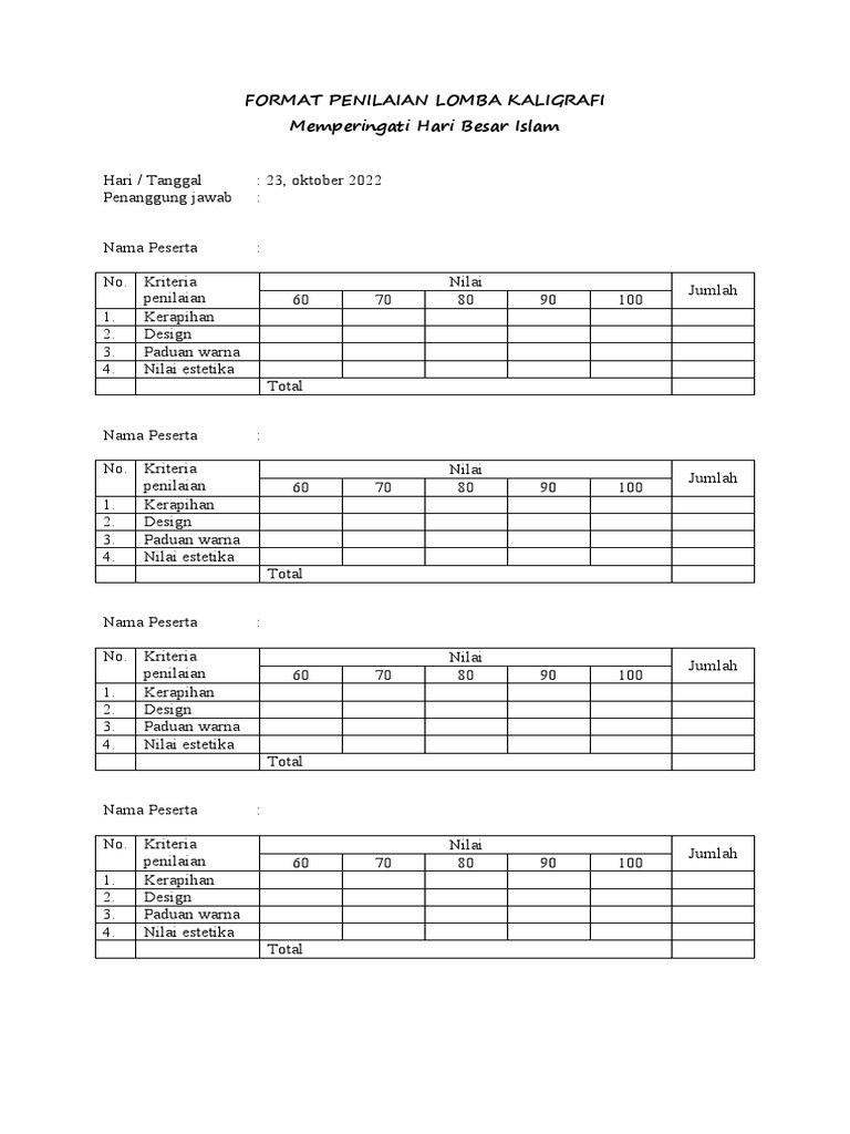 Format Penilaian Lomba Kaligrafi | PDF Format Penilaian Lomba Kaligrafi | PDF
