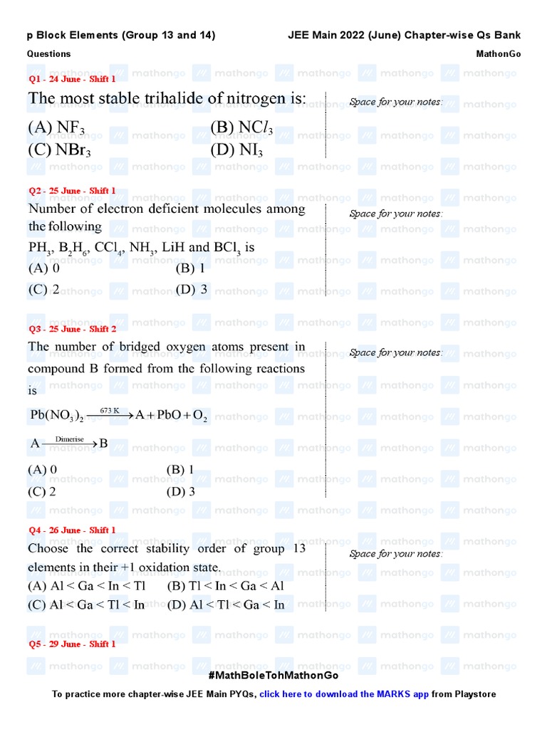 P Block Elements (Group 13 and 14) - JEE Main 2022 Chapter Wise Questions by MathonGo | PDF ...