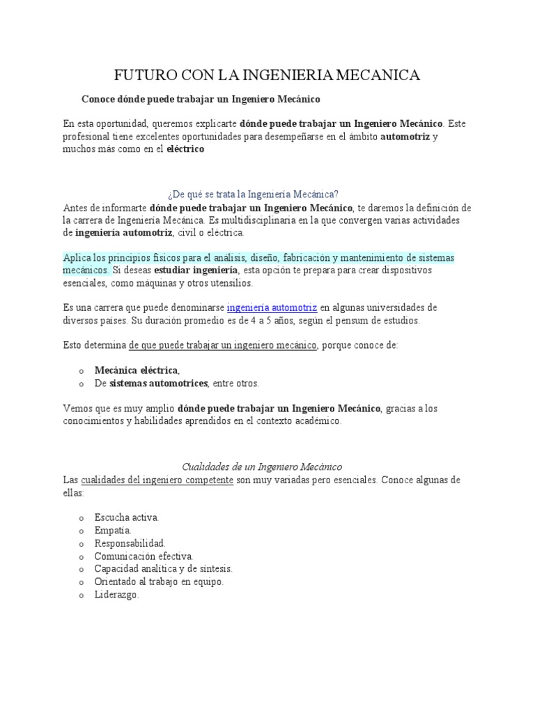 Futuro Con La Ingenieria Mecanica | PDF | Ingeniería | Ingeniería mecánica Futuro Con La Ingenieria Mecanica | PDF | Ingeniería | Ingeniería mecánica