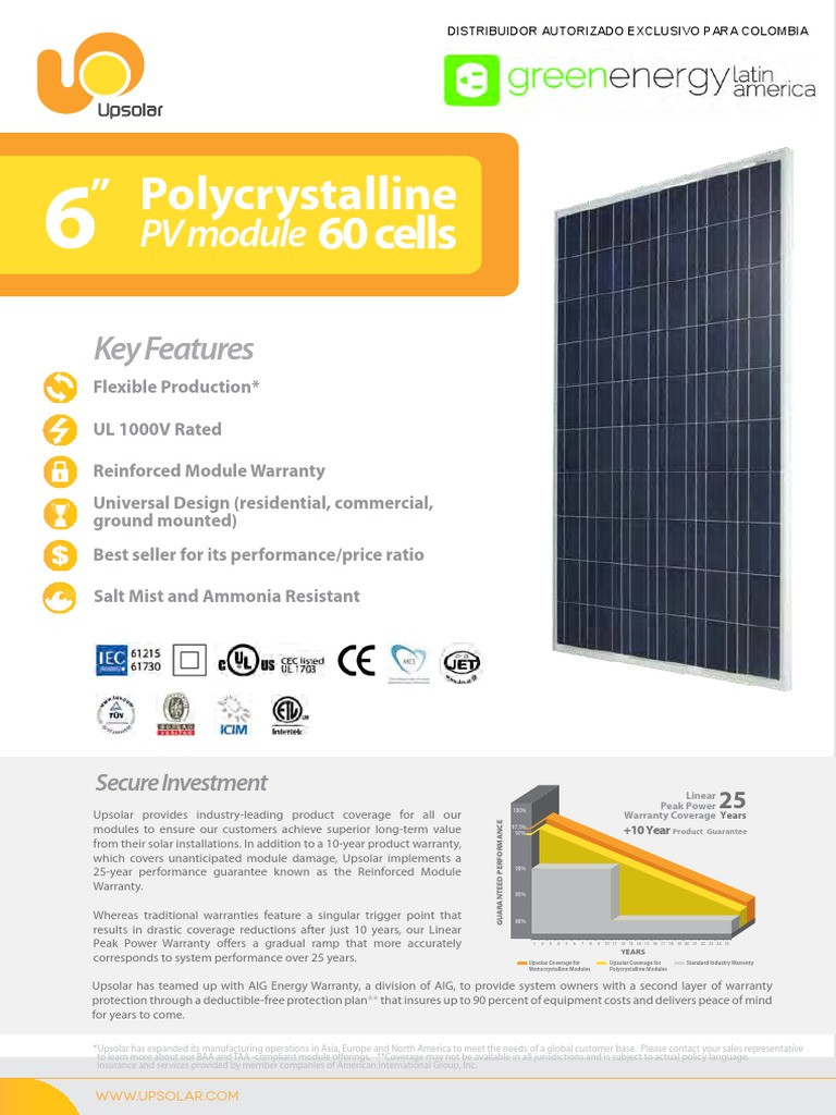 Ficha Tecnica Upsolar Poli 60 Cels 250W - 260W Pos | PDF | Solar Panel | Electrical Engineering