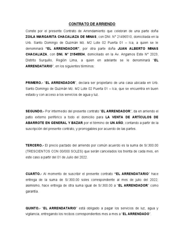 Contrato de Arriendo | PDF | Ley de obligaciones | Derecho civil ...