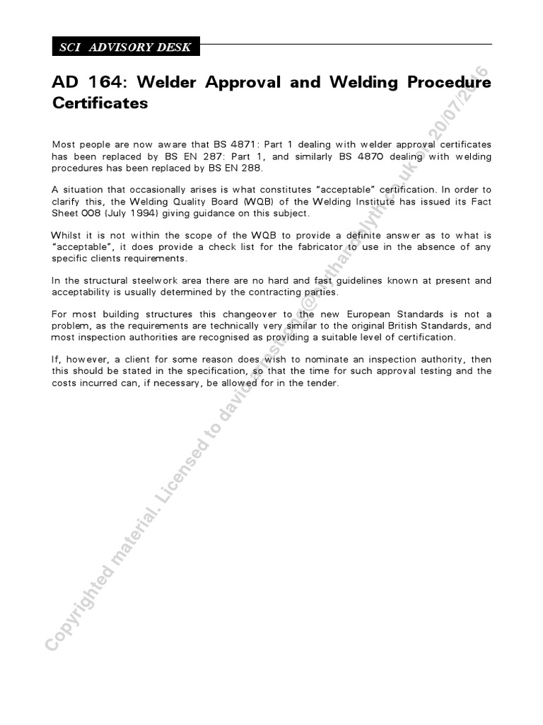 AD 164: Welder Approval and Welding Procedure Certificates: Sci ...