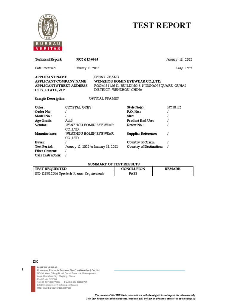 Test Report: Bureau Veritas Consumer Products Services Shen'ou (Wenzhou ...