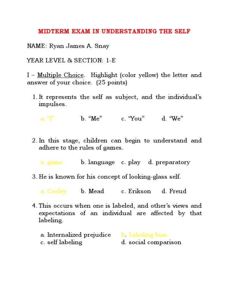 Part 1 Exam in Uts | PDF | Human Sexuality | Self Concept