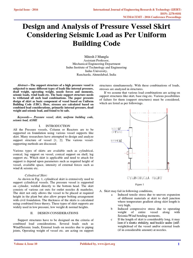 Design and Analysis of Pressure Vessel Skirt Considering Seismic Load As Per Uniform Building ...