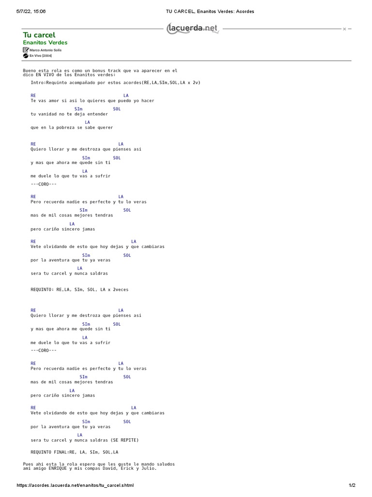 Acordes de "Tu Cárcel" - Enanitos Verdes | PDF