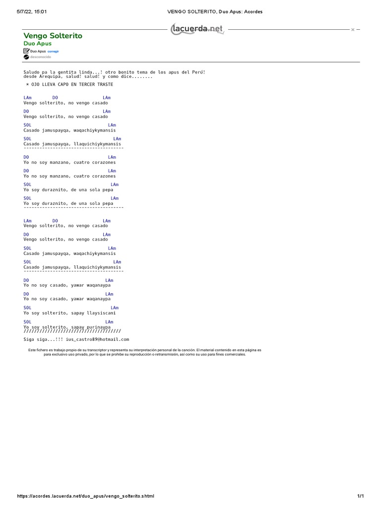 VENGO SOLTERITO, Duo Apus - Acordes | PDF