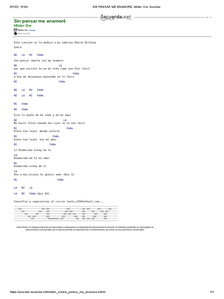 SIN PENSAR ME ENAMORE, Milder Ore - Acordes | PDF | Música grabada