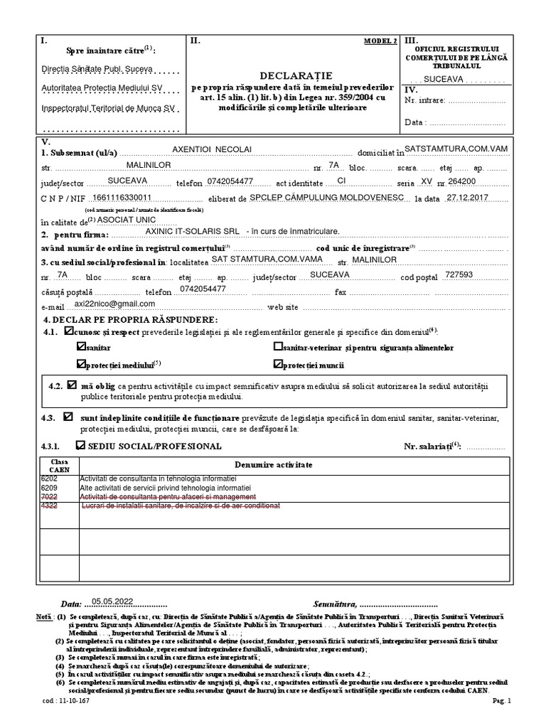 ANEXA C-Declaratie Art. 15 Alin 1 Lit B Model 2 | PDF