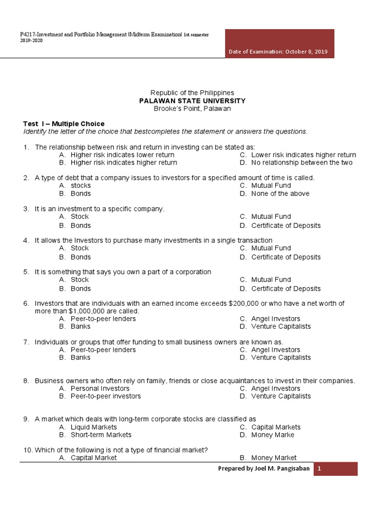 Midterm Exam in Investment Port 1 | PDF | Investing | Financial Markets