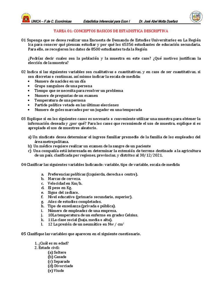 Tarea 01 Estadistica Descriptiva | PDF | Estadísticas | Estadísticas descriptivas