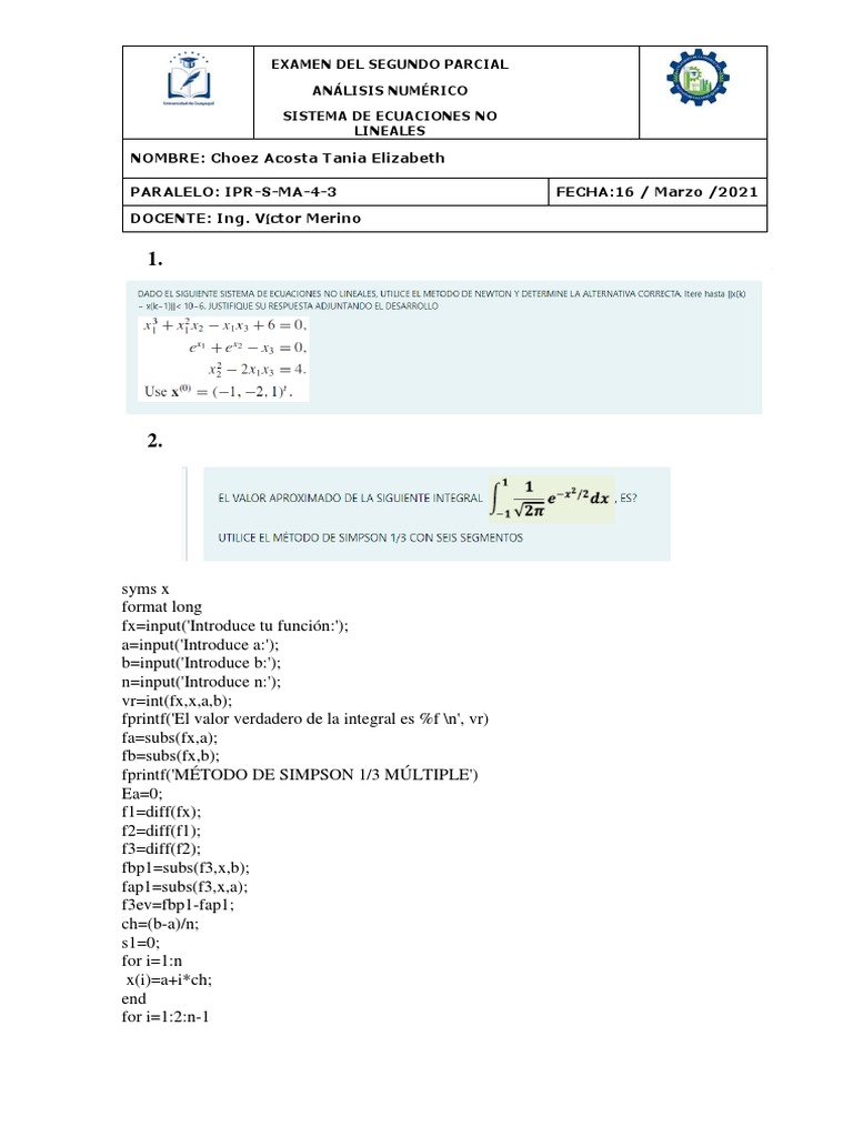 Análisis Numérico - Examen 2do Parcial | PDF | Objetos matemáticos | Matemáticas Aplicadas