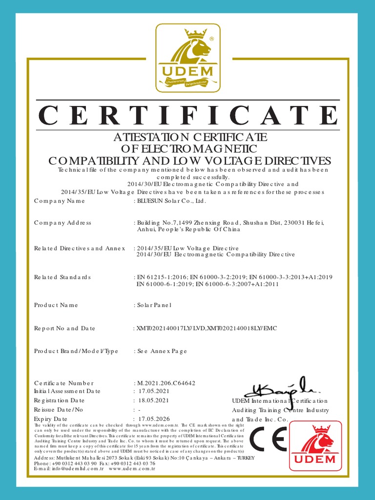 CE Certificates For Bluesun Solar Panels | PDF | Electrical Engineering ...