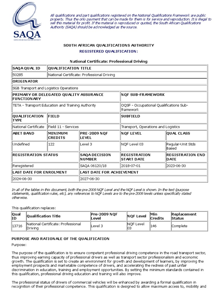 Saqa 50285 | PDF | Educational Assessment | Semi Trailer Truck