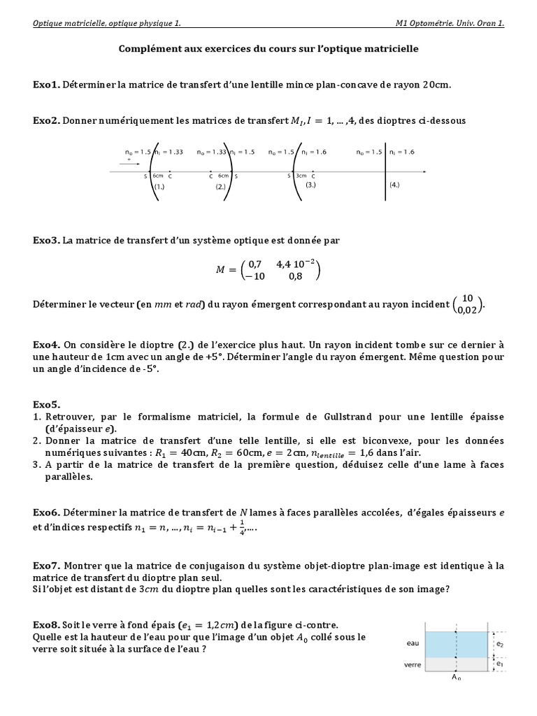 Exercices d'optique matricielle corrigés | PDF | Matrice (Mathématiques ...