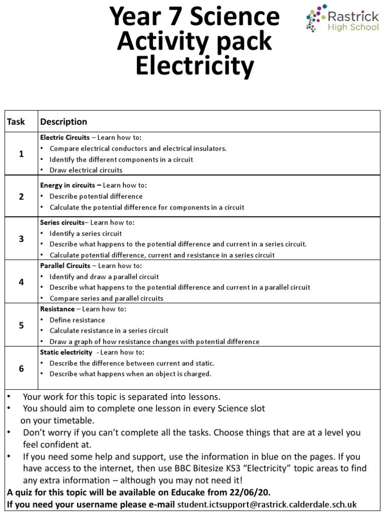 Year 7 Electricity Activity Pack | PDF | Voltage | Series And Parallel ...