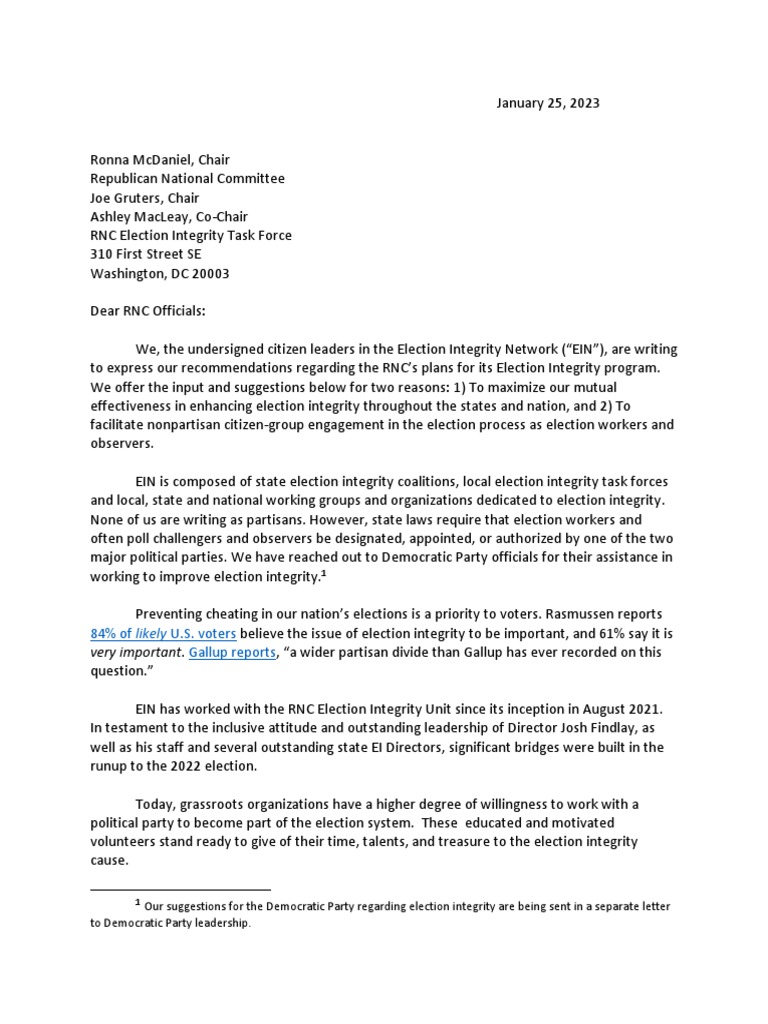 Election Integrity Letter To RNC 1.25.23 | PDF | Republican National ...