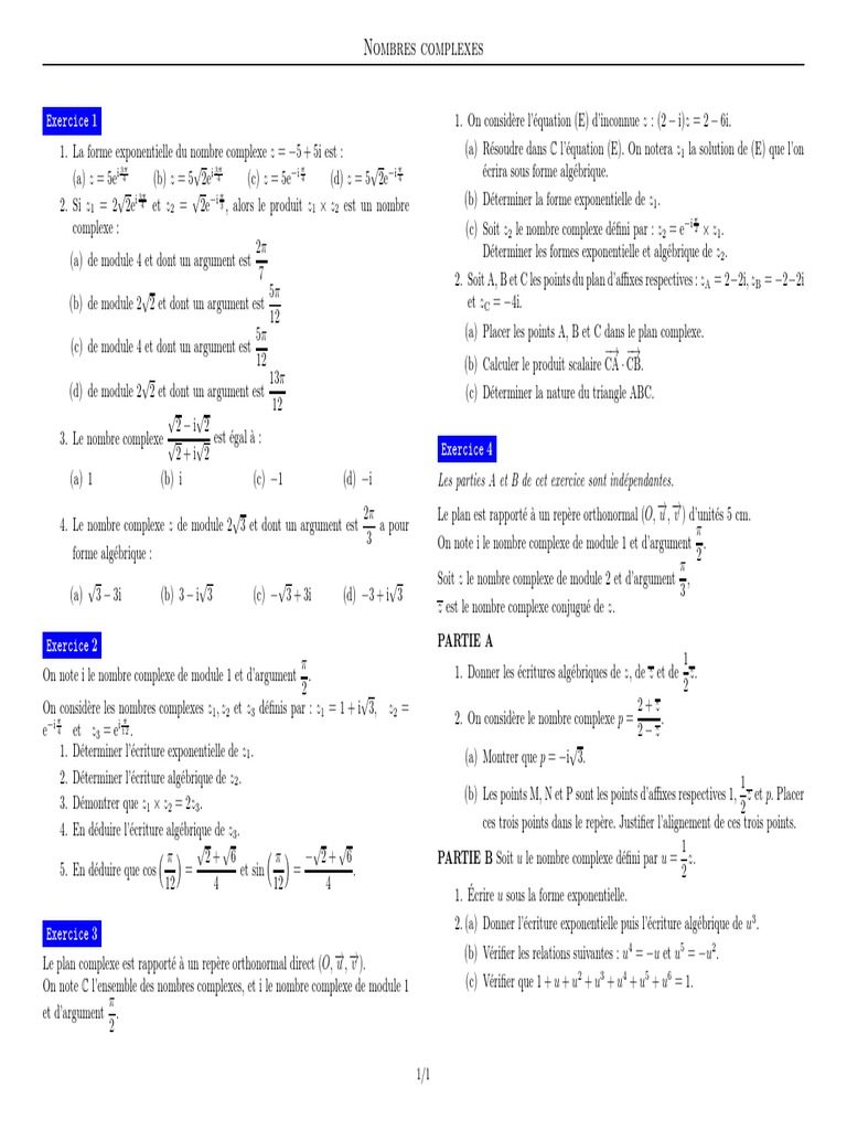 Exercices sur les Nombres Complexes | PDF | Nombre complexe | Objets mathématiques