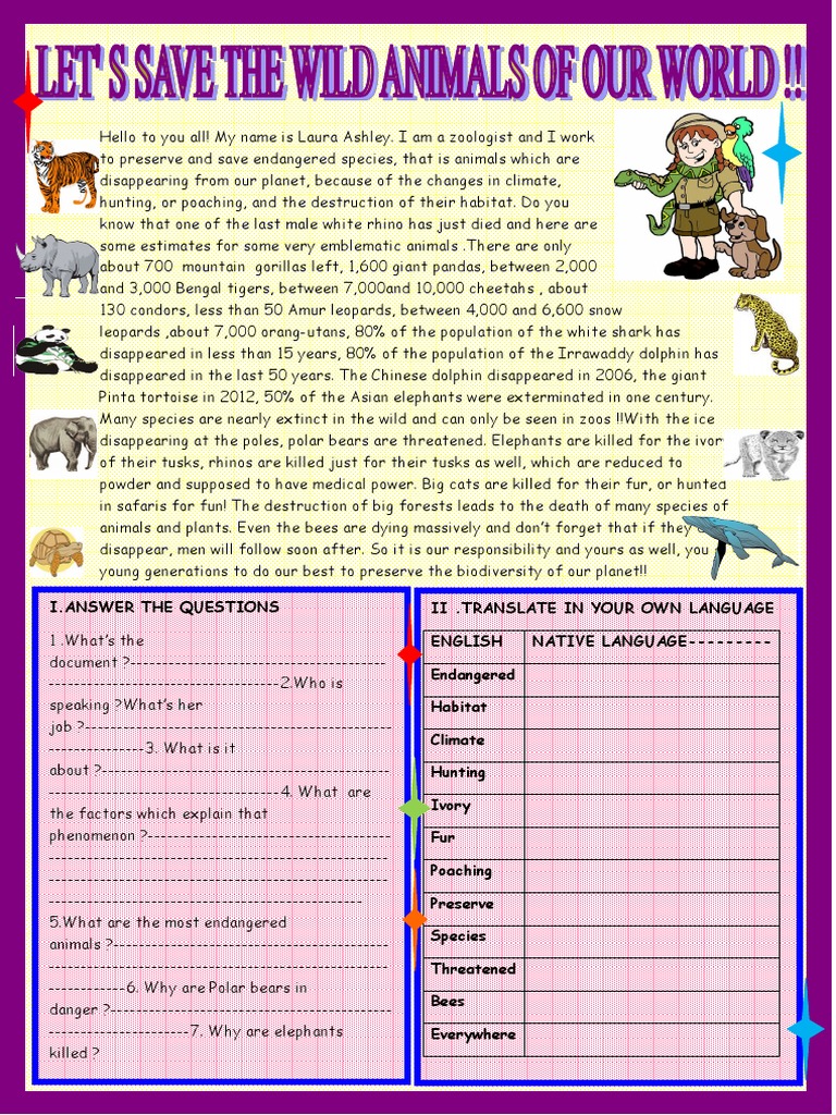 Lets Save The Wild Animals of Our Worldendangered Reading Comprehension ...