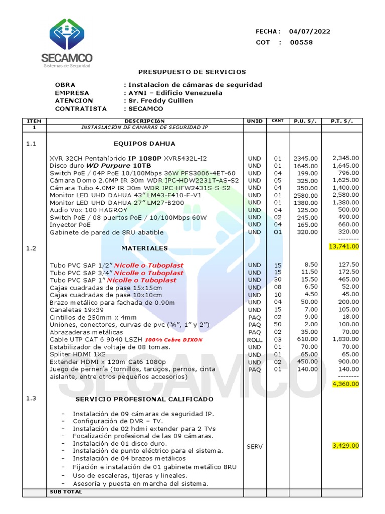 Cotizacion N°558 Edificio Venezuela - Ayni - Instalación de Cámaras | PDF | Ingenieria Eléctrica ...