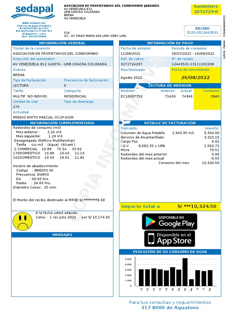 Sedapal Recibo Agosto 2022 | PDF | Ingeniería hidráulica | Higiene