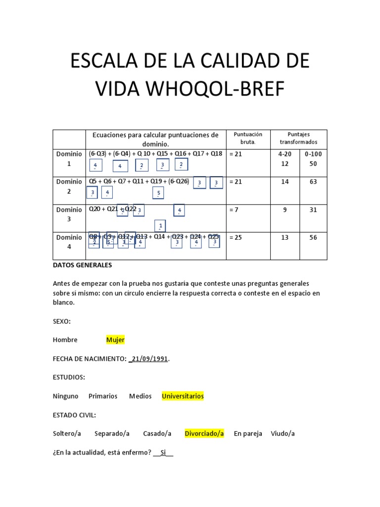 Escala WHOQOL-BREF: Calidad de Vida | PDF | Sicología