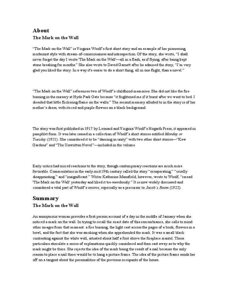 Virginia Woolf's "The Mark on the Wall" | PDF | Thought | Narration