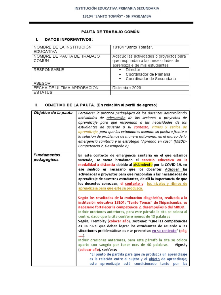 Pauta de Trabajo Común | PDF | Aprendizaje | Evaluación