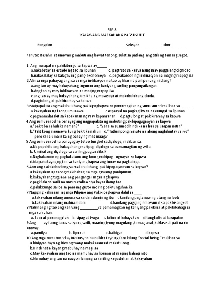 ESP 8 2nd Summative Test | PDF