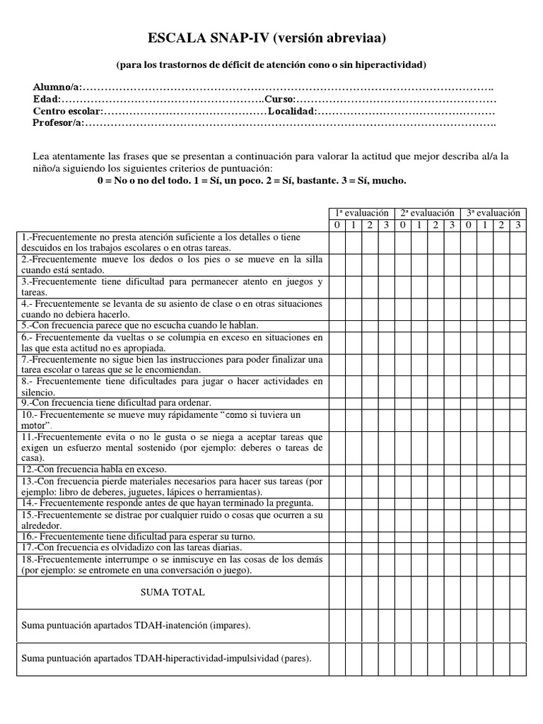 Escala-Snap-IV | PDF | Desorden hiperactivo y deficit de atencion