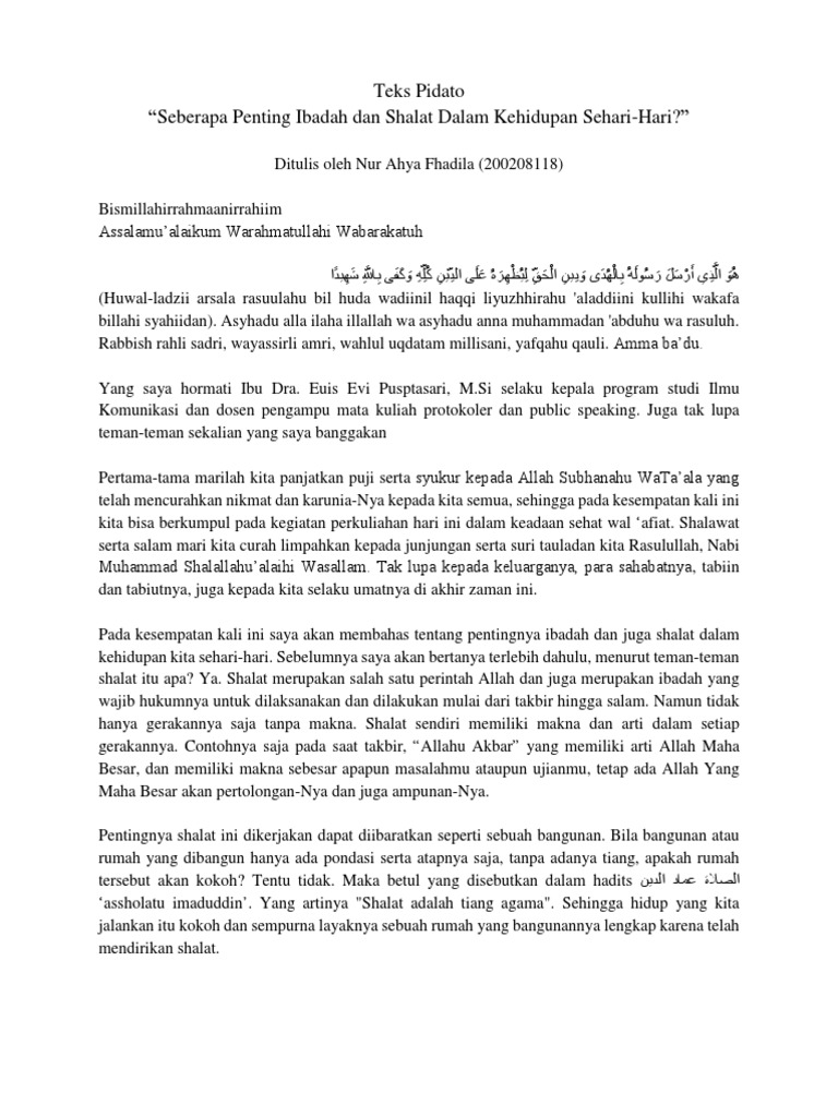 Teks Pidato Ibadah Dan Shalat - Nur Ahya Fhadila - 200208118 | PDF