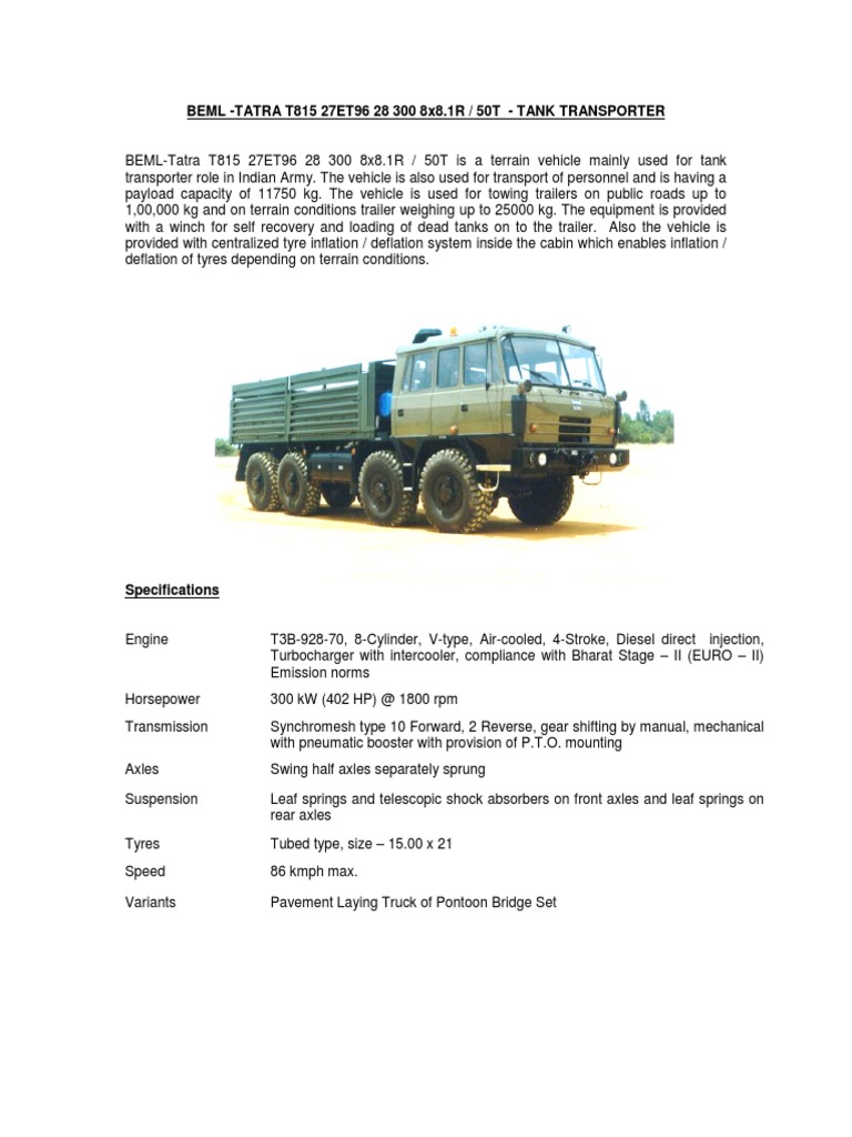 BEML Tatra T815 8x8 Tank Transporter Specs | PDF