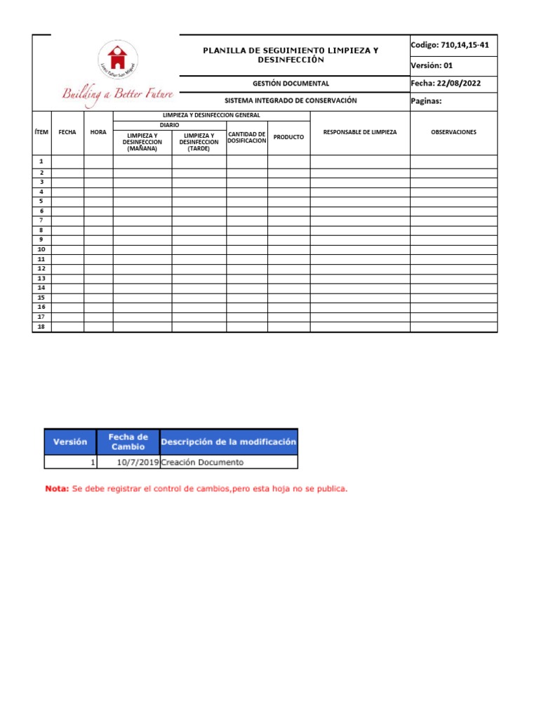 Formato Planilla de Limpieza y Desinfeccion | PDF