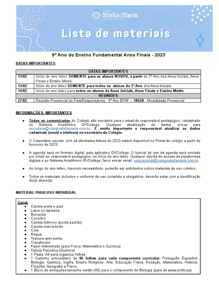 9o Ano Lista de Material 2023 | PDF | Livros | Escolas
