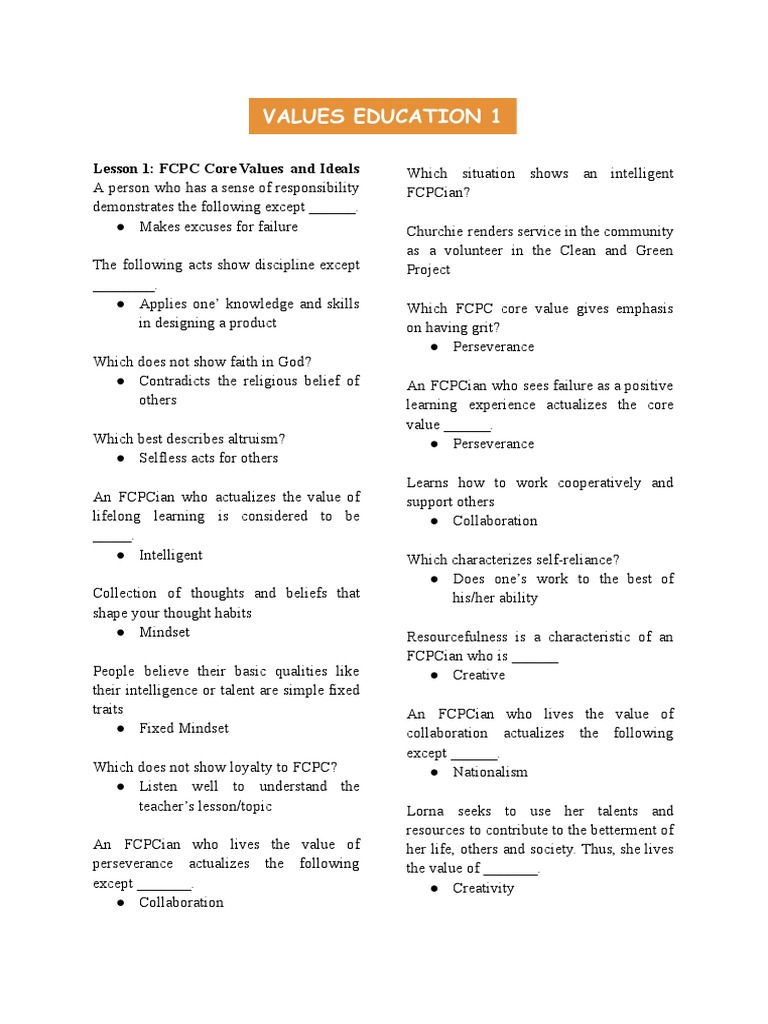 Values Education Pdf Self Esteem Id