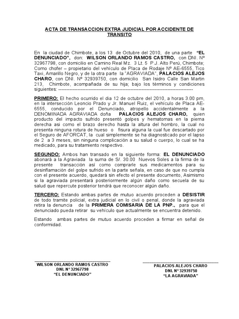 Acta de Transaccion Extra Judicial Por Accidente de Transito | PDF