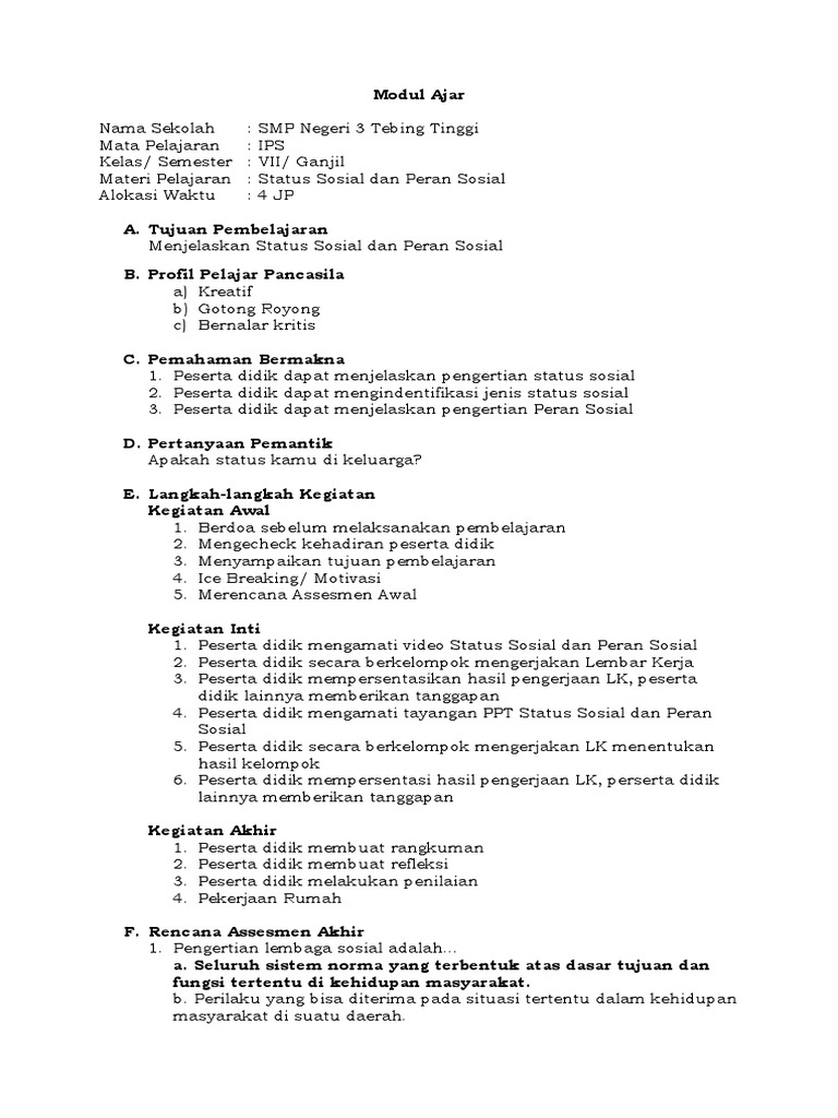 Modul Ajar 7 Status Sosial Dan Peran Sosial | PDF | Karier & Perkembangan