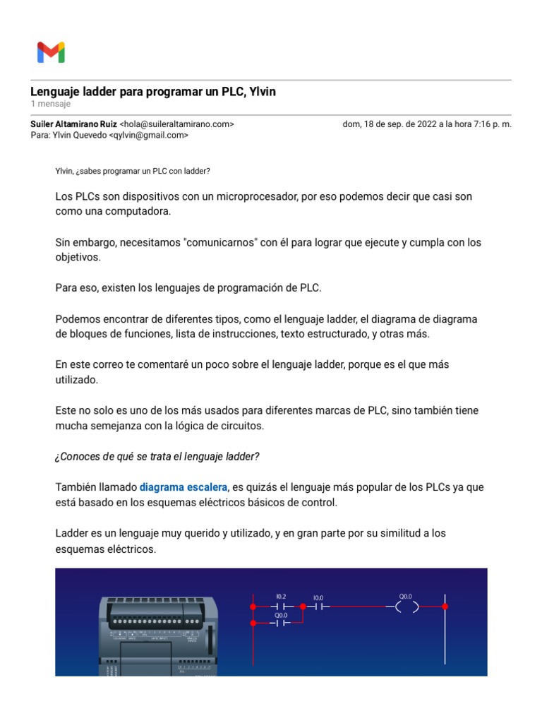 Gmail - Lenguaje Ladder para Programar Un PLC, Ylvin | PDF | Informática | Tecnología