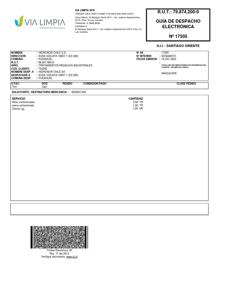 R.U.T.: 79.874.200-0 Guía de Despacho Electrónica #17305: S.I.I ...