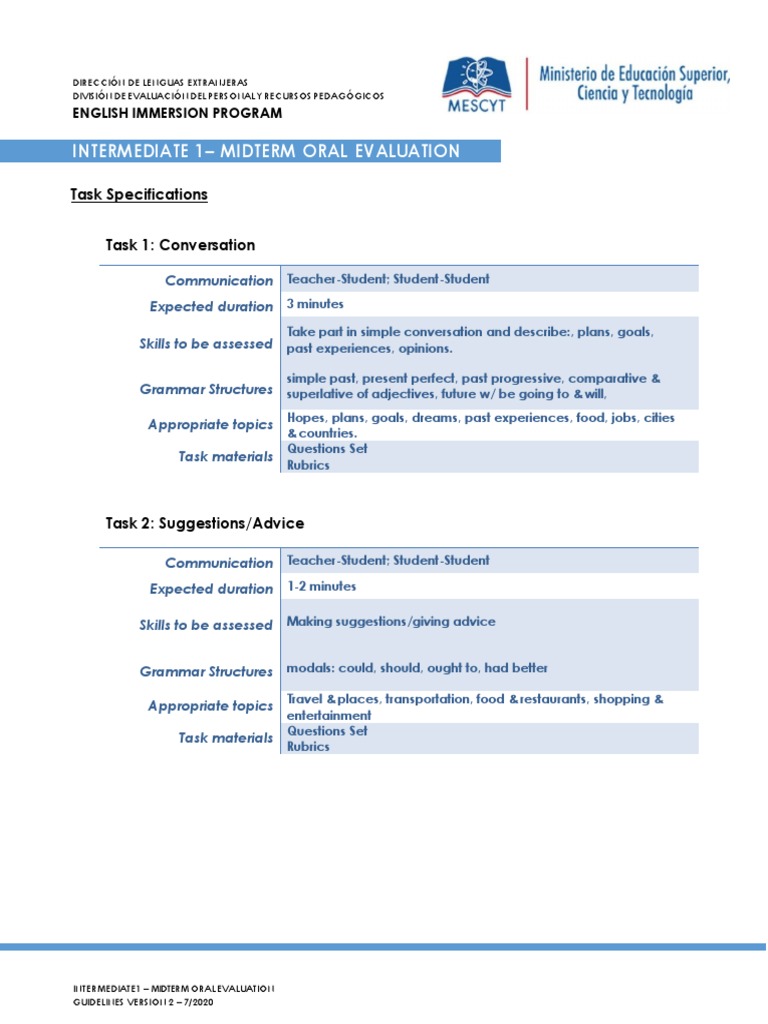 INT 1 - MT Oral Evaluation Guidelines | PDF | Conversation | Rubric (Academic)