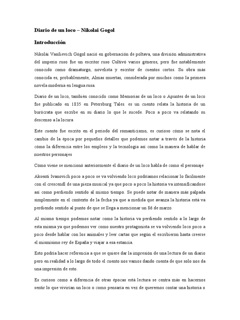Diario de Un Loco - Nikolai Gogol Introducción | PDF | Nikolai Gogol | Cuentos