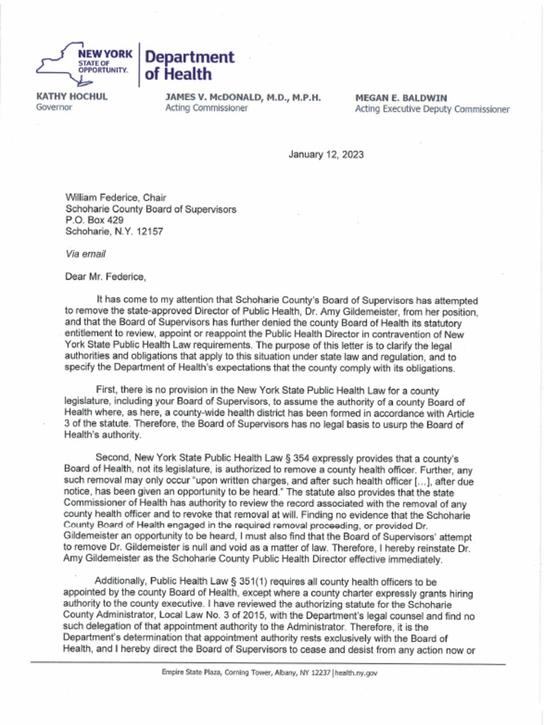 Letter To Schoharie County Board of Supervisors President William ...