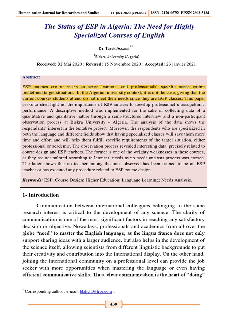 The Status of ESP in Algeria - The Need For Highly Specialized Courses of English | Download ...