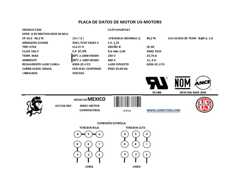 Placa de Datos Motor Us | PDF