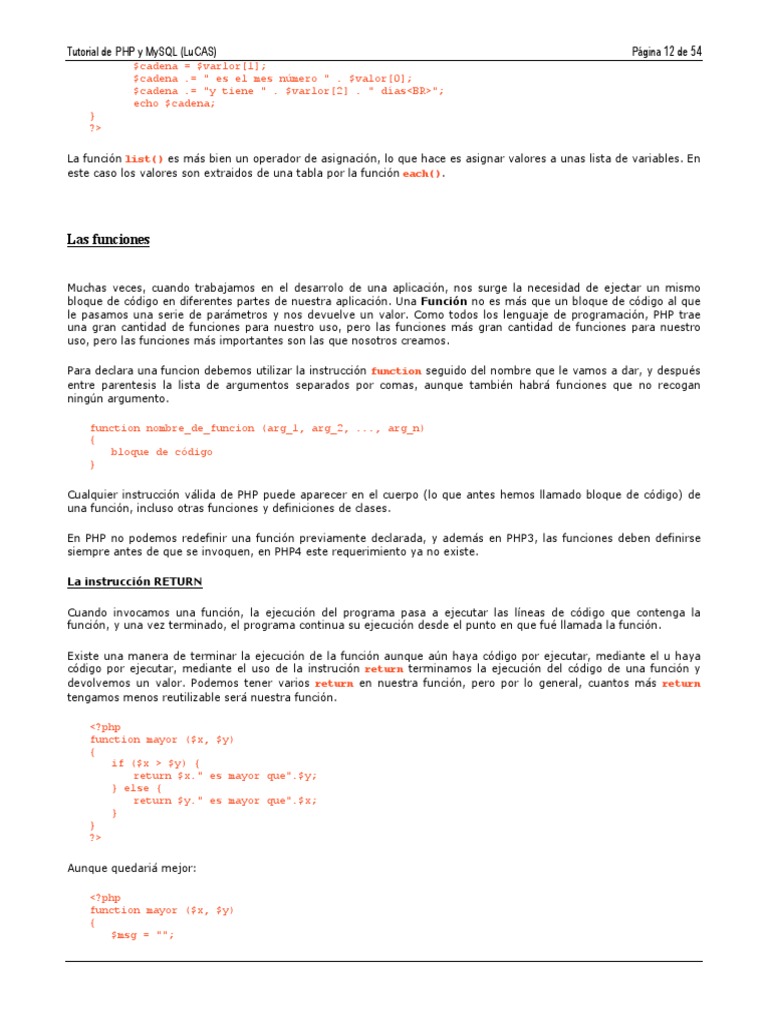 Las Funciones: Tutorial de PHP Y Mysql (Lucas) Página 12 de 54 | PDF | Php | Función (Matemáticas)