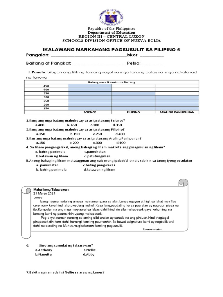 Filipino 6 Ikalawang Markahang Pagsusulit | PDF