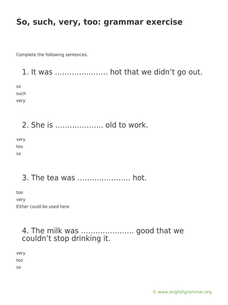 So, Such, Very, Too - Grammar Exercise | PDF