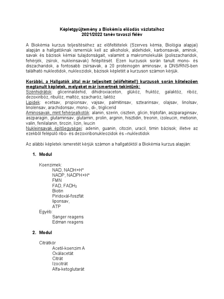 Biokemia Ea BSC Kepletlista-2021-2022 | PDF