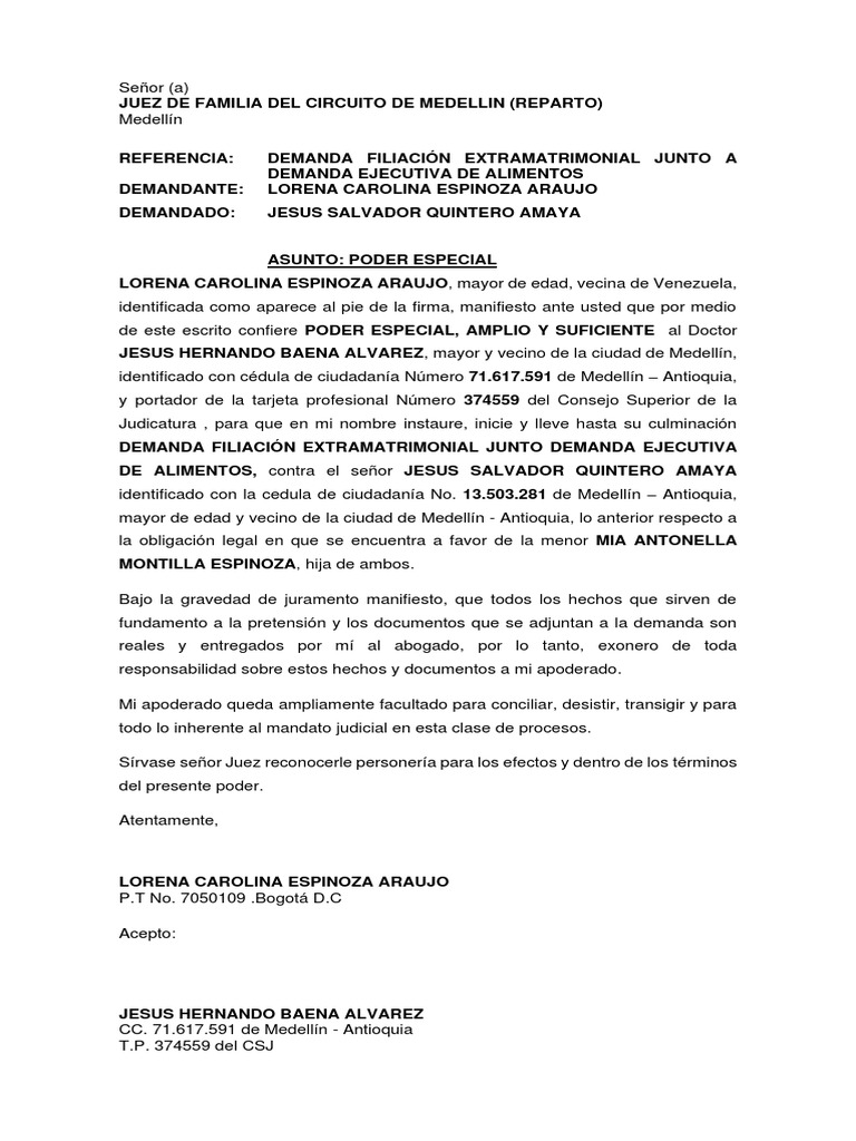 Poder para Demanda de Filiación Extramatrimonial en Conjunto Con Demanda Ejecutiva de Alimentos ...